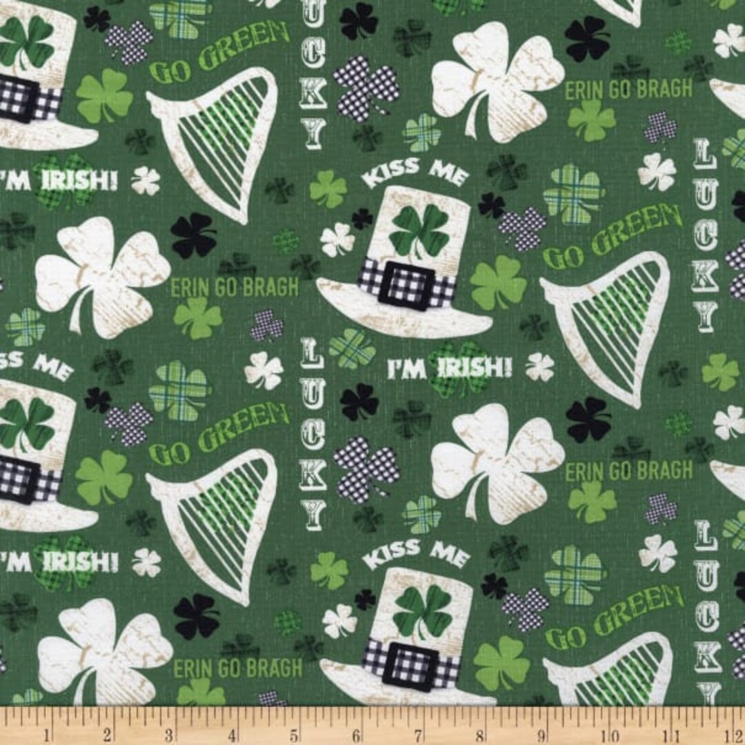 St. Patricks Day Fabric, Hello Lucky Kiss Me I'm Irish Fabric on Green ...