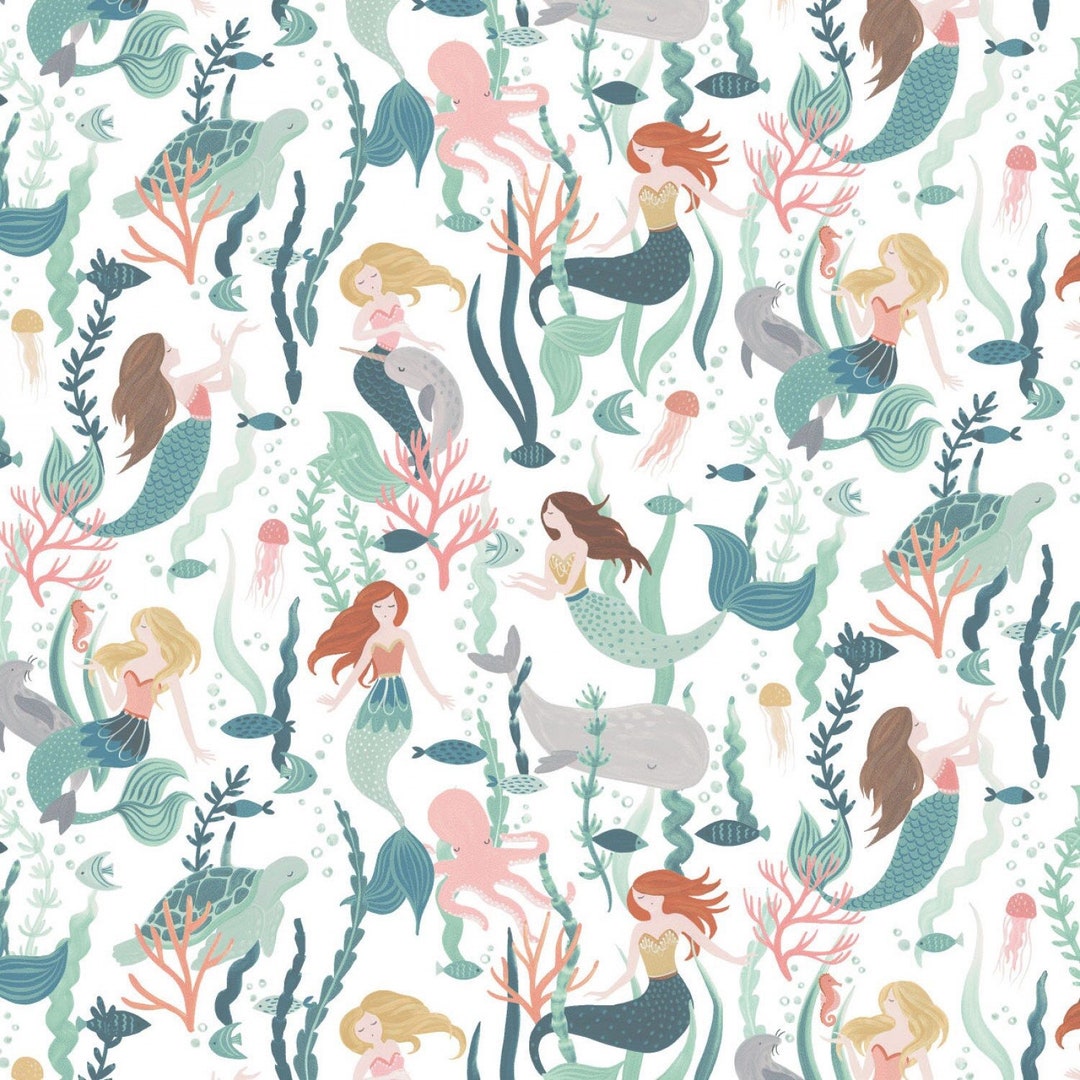Spirit of a Mermaid Fabric, Mermaids and Sea Life Fabric on White by ...