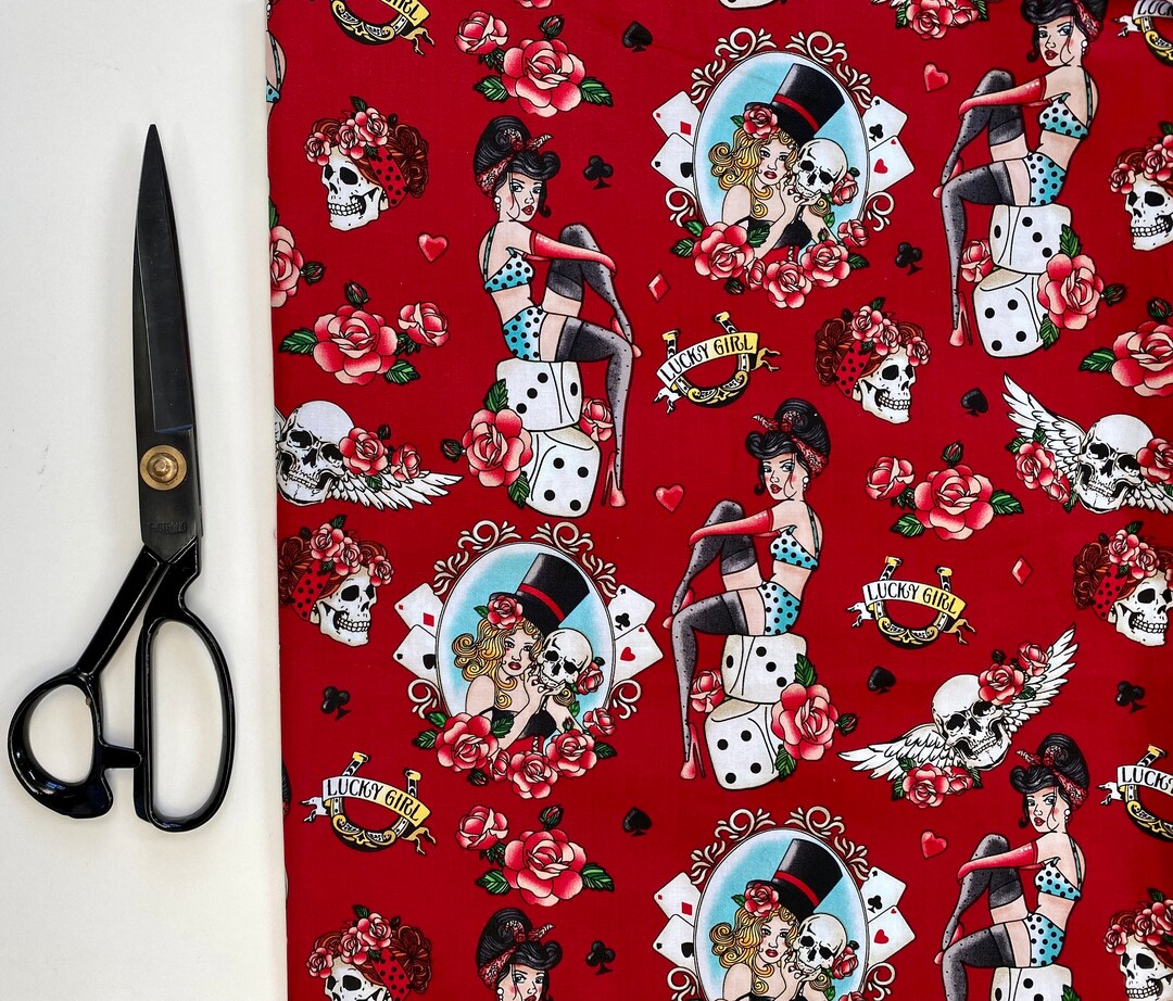 Red Pin up Lucky Girl Fabric by Fabric Traditions - Etsy