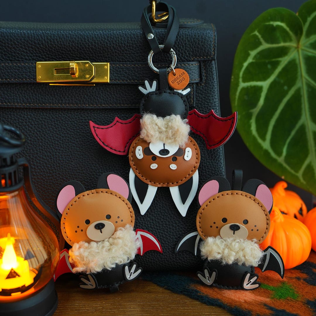 Handmade Leather Bat Bag Charm Keychain | Cute Raccoon and Bear Bat ...