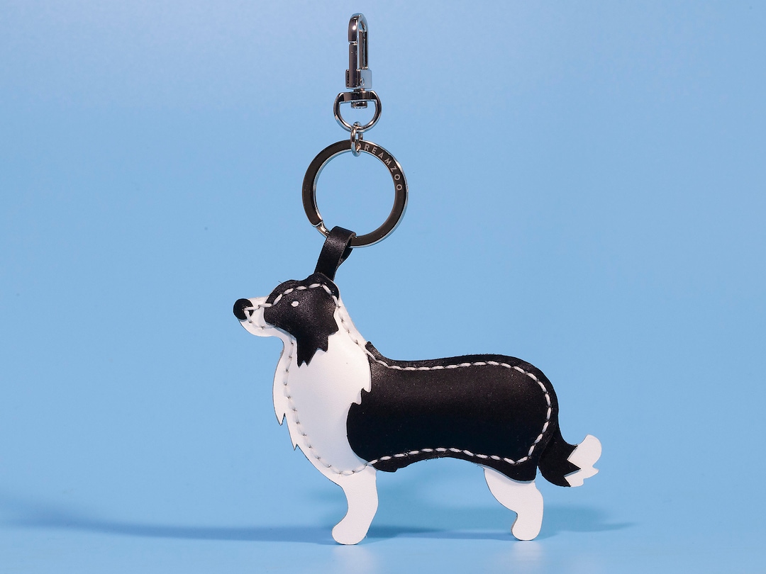 Genuine Leather Charm Keychain, Border Collie Keyring, Bag Charm ...