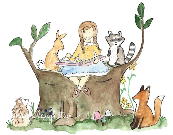 Girl Reading to Woodland Animals Watercolor Art Print 8x10 - Etsy