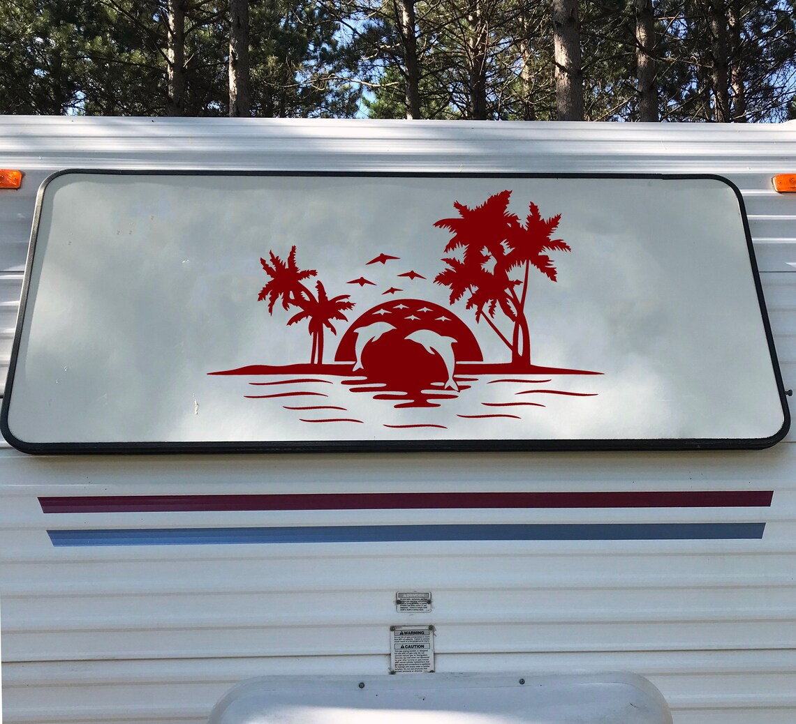 Beach Dolphins Palm Trees Scene Vinyl Decal Ocean Camper RV - Etsy