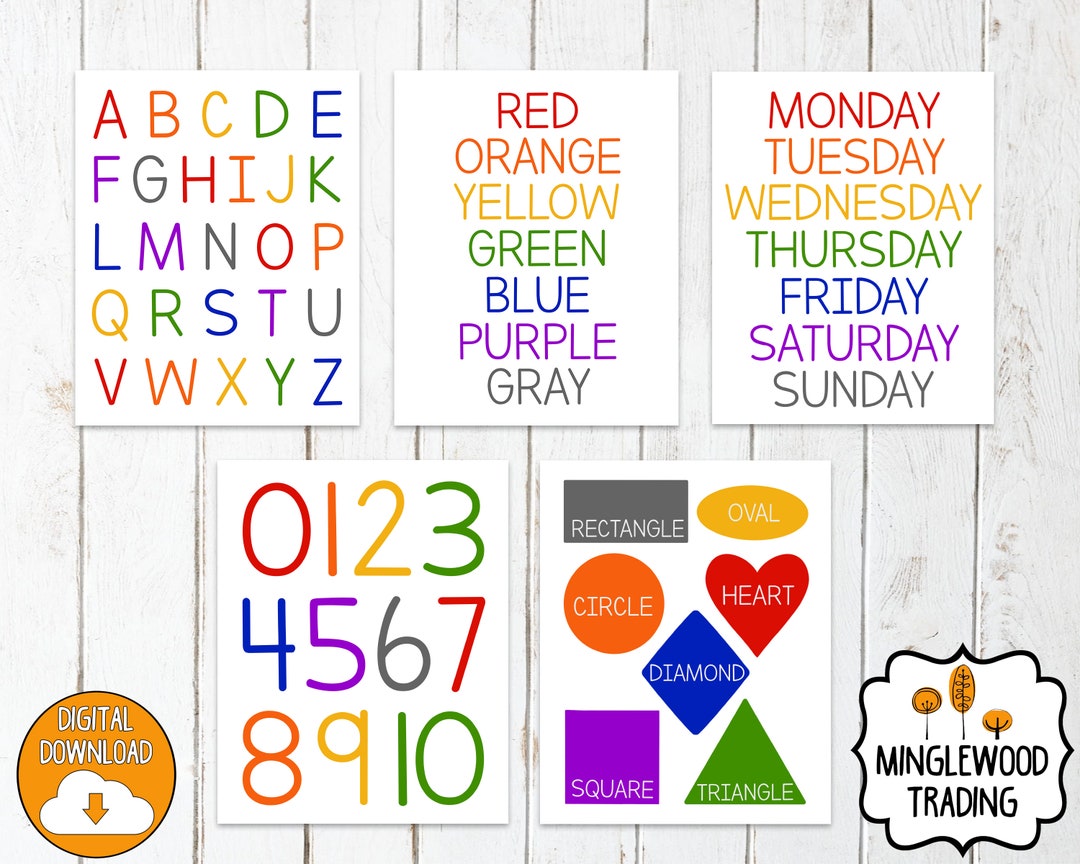 Alphabet Numbers Colors Shapes Days Art Prints, Instant Download ...