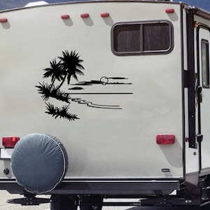 Beach Scene With Palm Trees Vinyl Decal V1 - RV Graphics Travel - Die ...