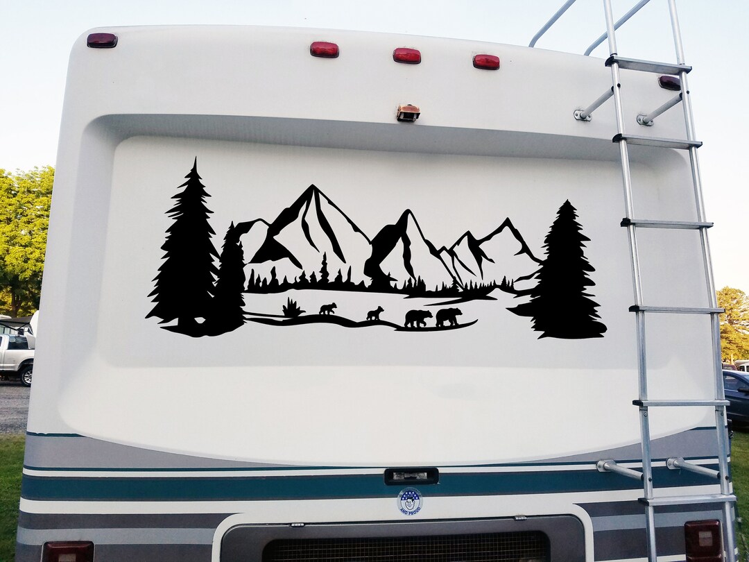 Bear Family Mountains Scenery Vinyl Decal V4 - RV Graphics Camper - Die ...