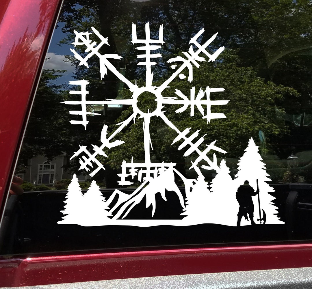 Viking Compass Scene Mountains Vinyl Decal V1 - Warrior in Trees ...