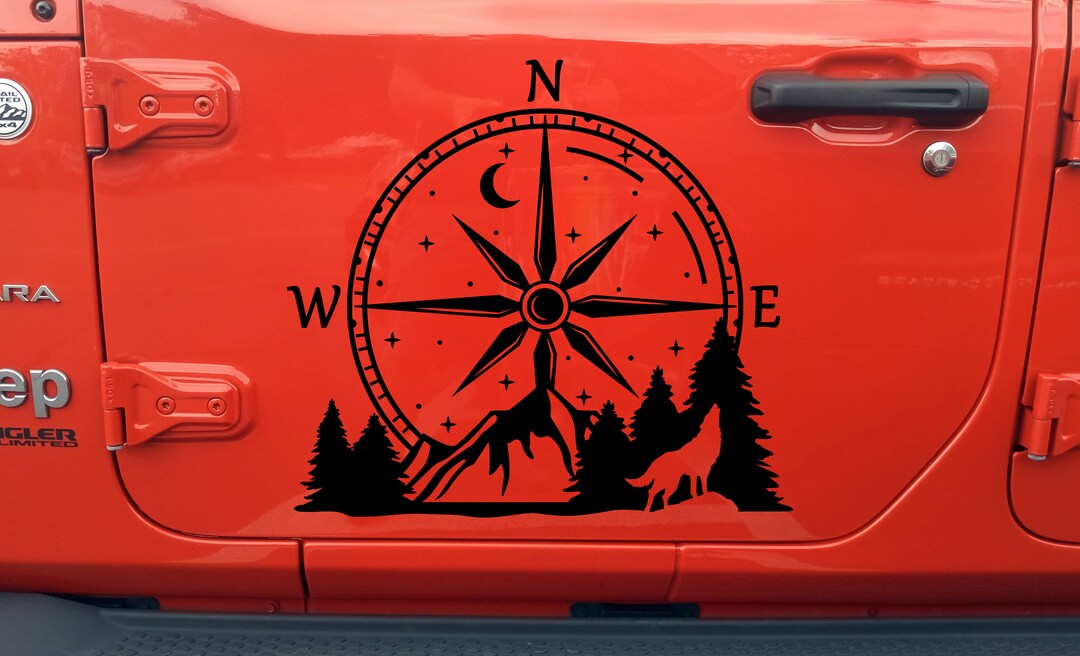 Compass Howling Wolf Mountain Vinyl Decal V1 - Moon Stars Forest Scene ...