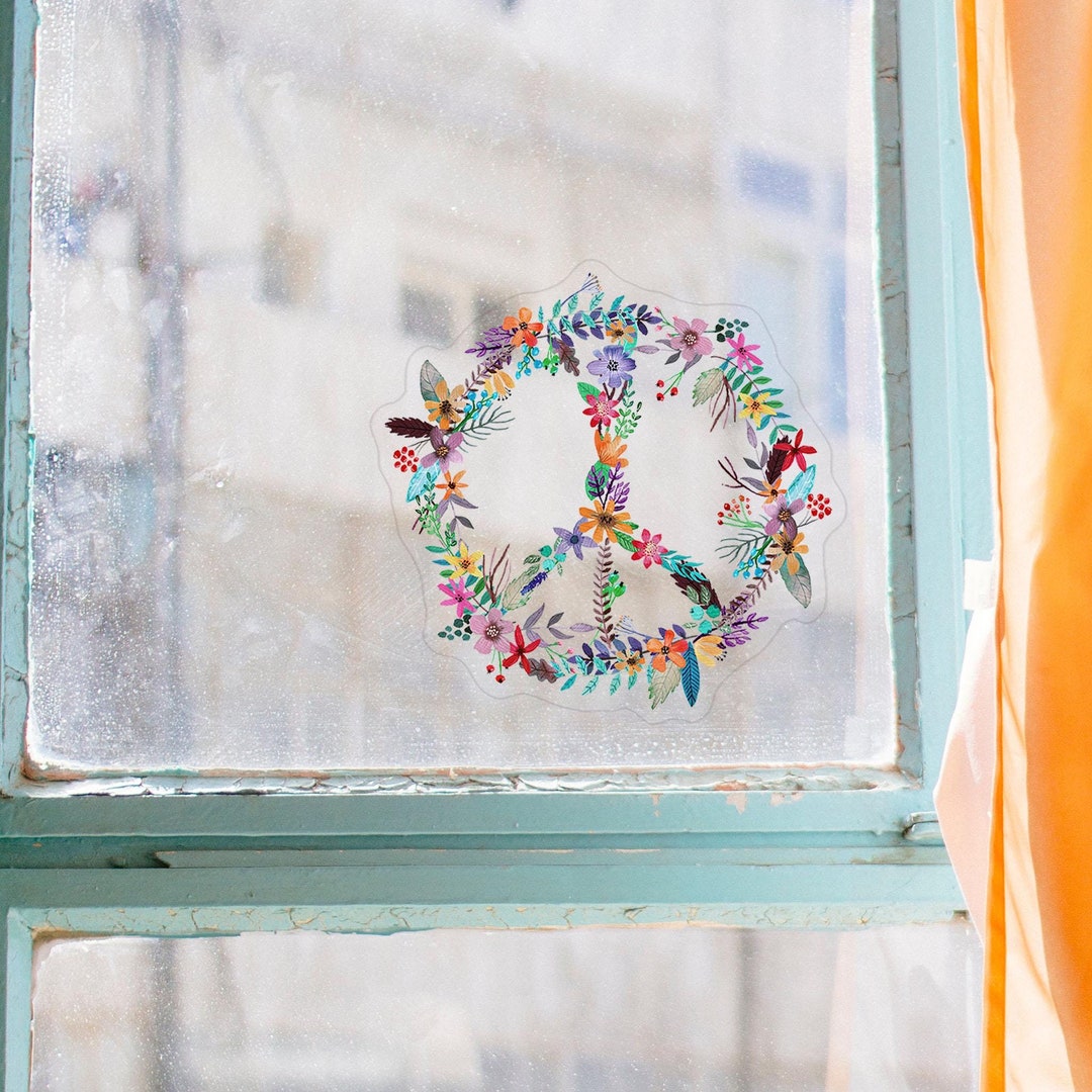 2-PACK Clear Peace Sign Flowers Sticker | 2x 4x3.5" Transparent Floral ...
