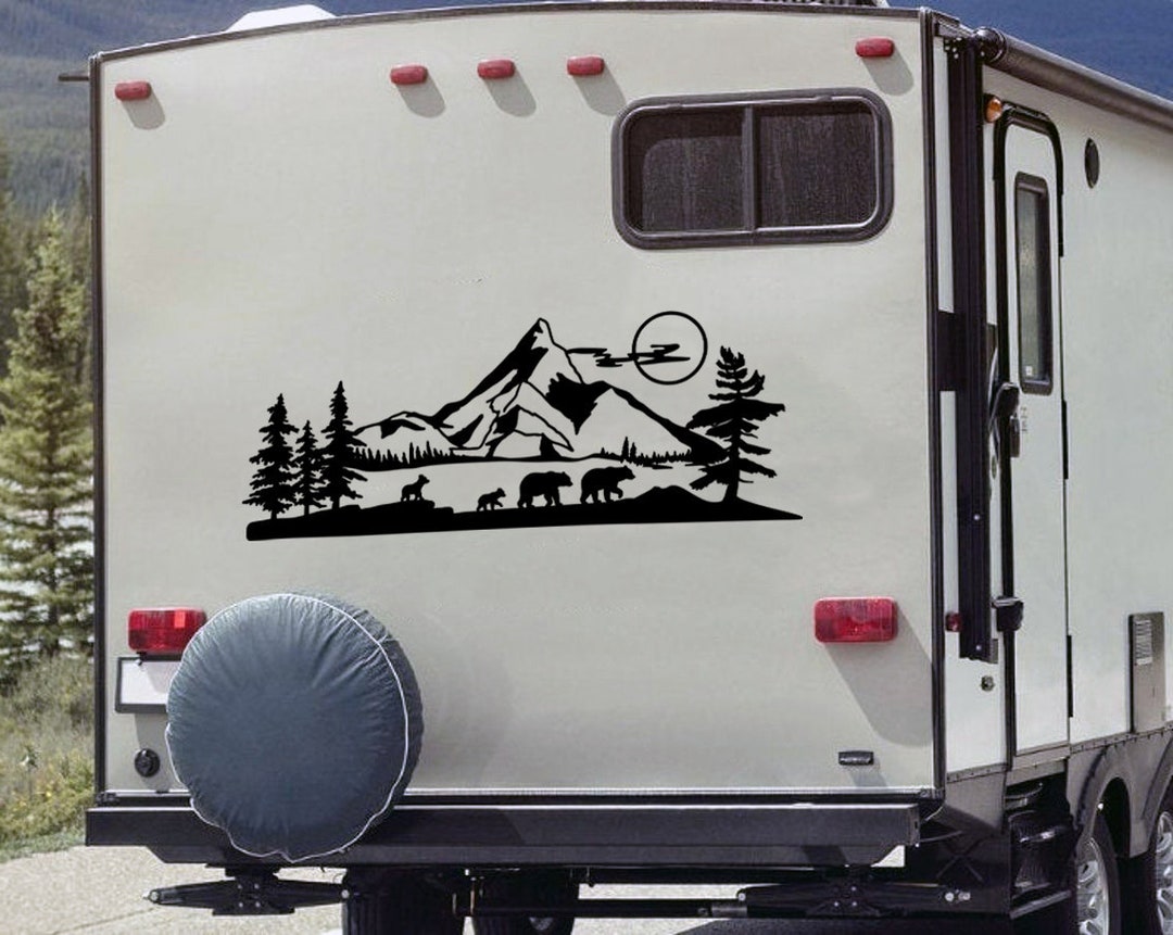 Bear Family Mountain Moon Scene Vinyl Decal V3 RV Camper Travel Trailer ...