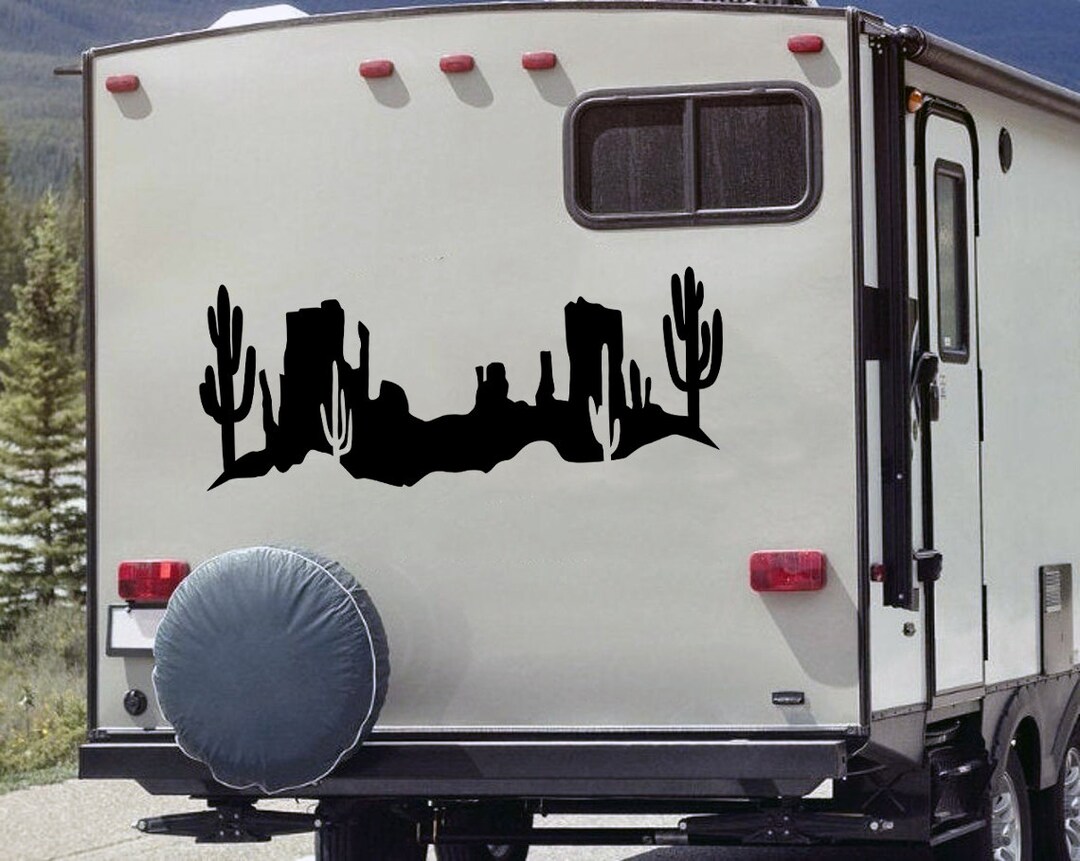 Desert Cactus Mountain Scene V10 Vinyl Decal - RV Camper Graphics - Die ...