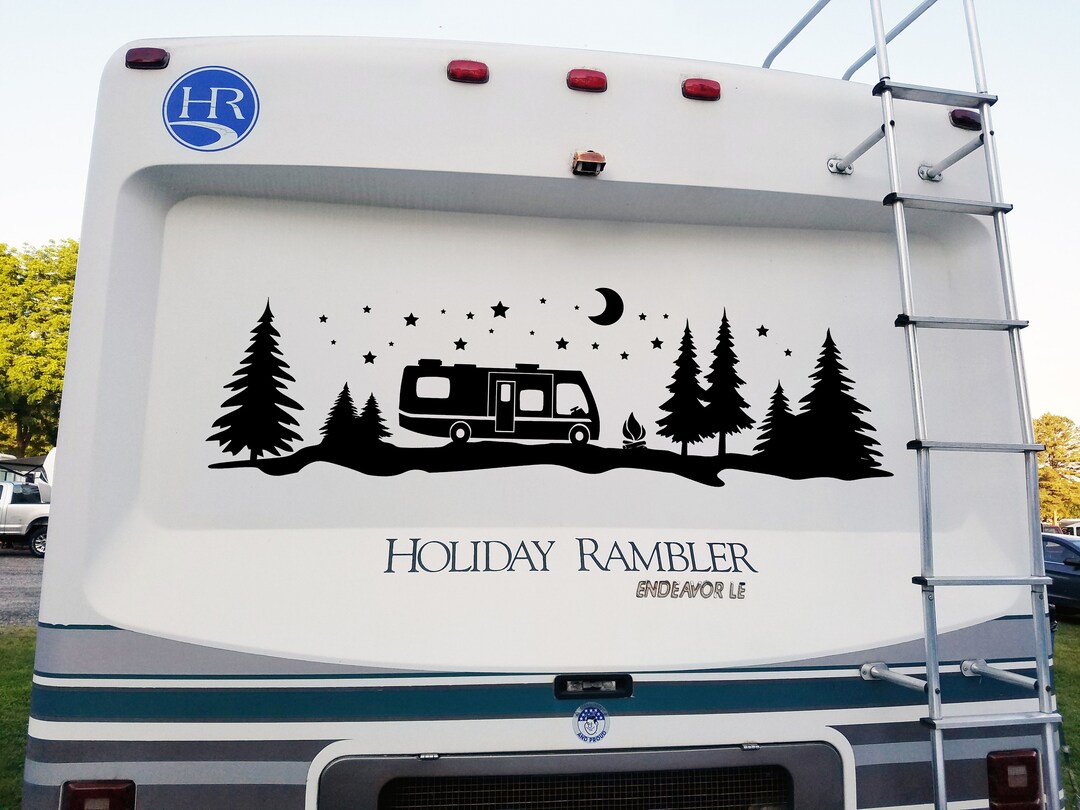 RV Moon Stars Trees Scene Vinyl Decal - Forest Camper Campfire Graphics ...