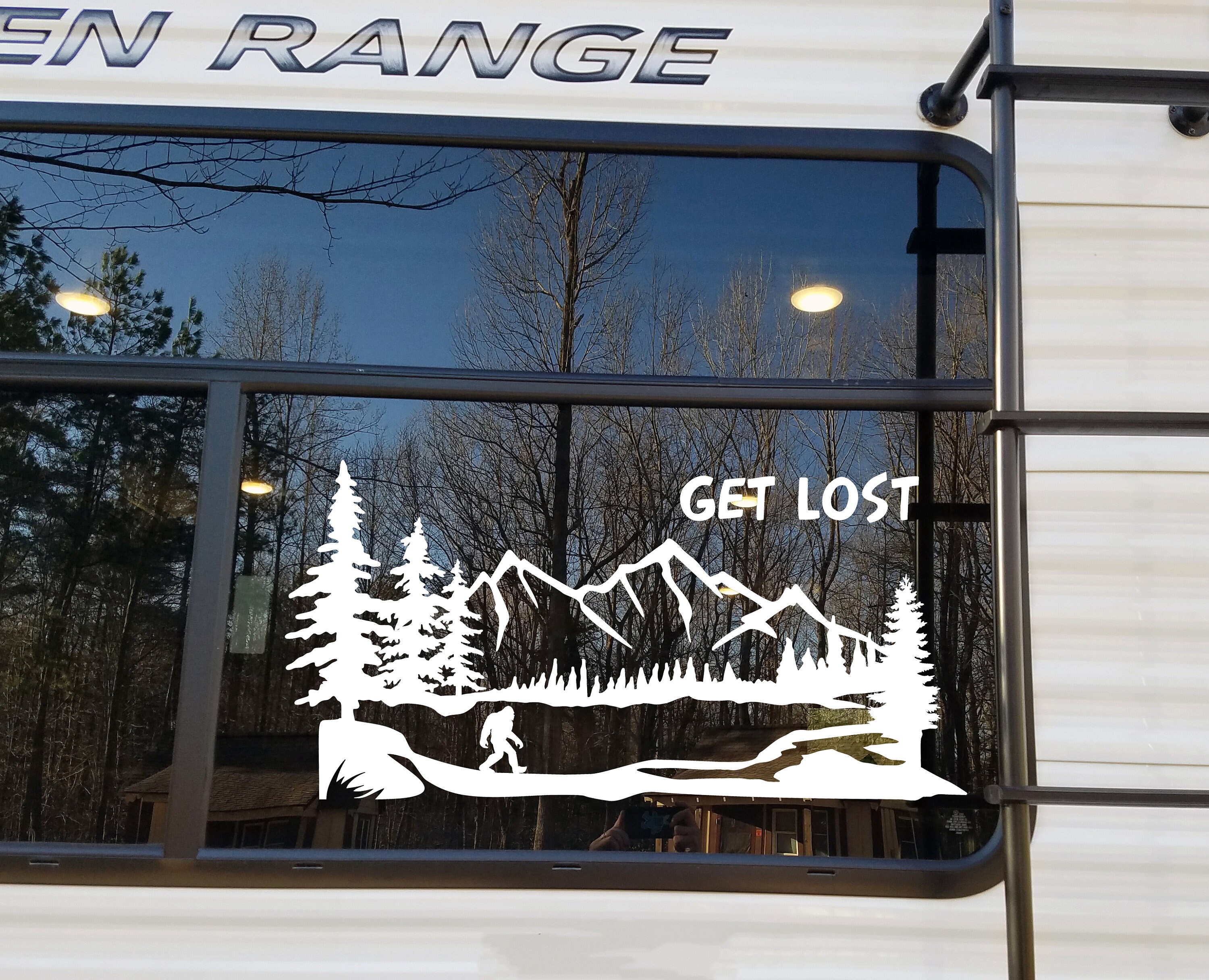 Get Lost Bigfoot Mountain Scene Vinyl Decal Camper Sasquatch | Etsy