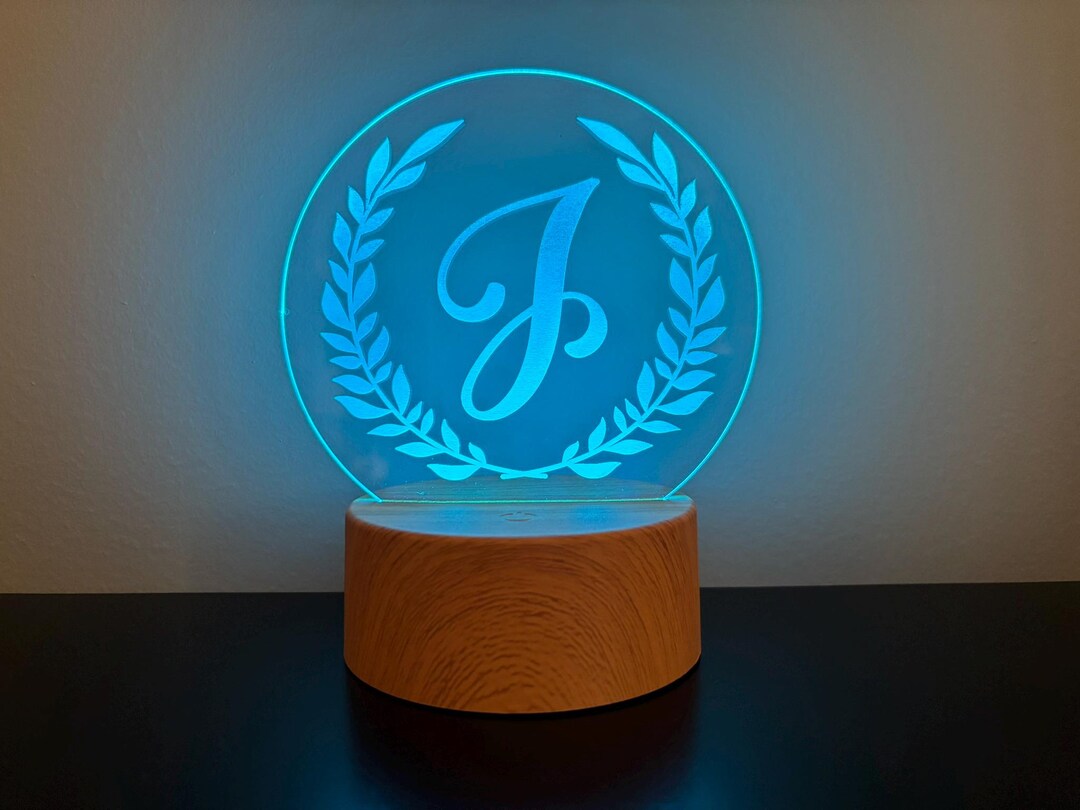 Monogram in Laurel Wreath Night Light Acrylic LED on Wood Colored Base ...