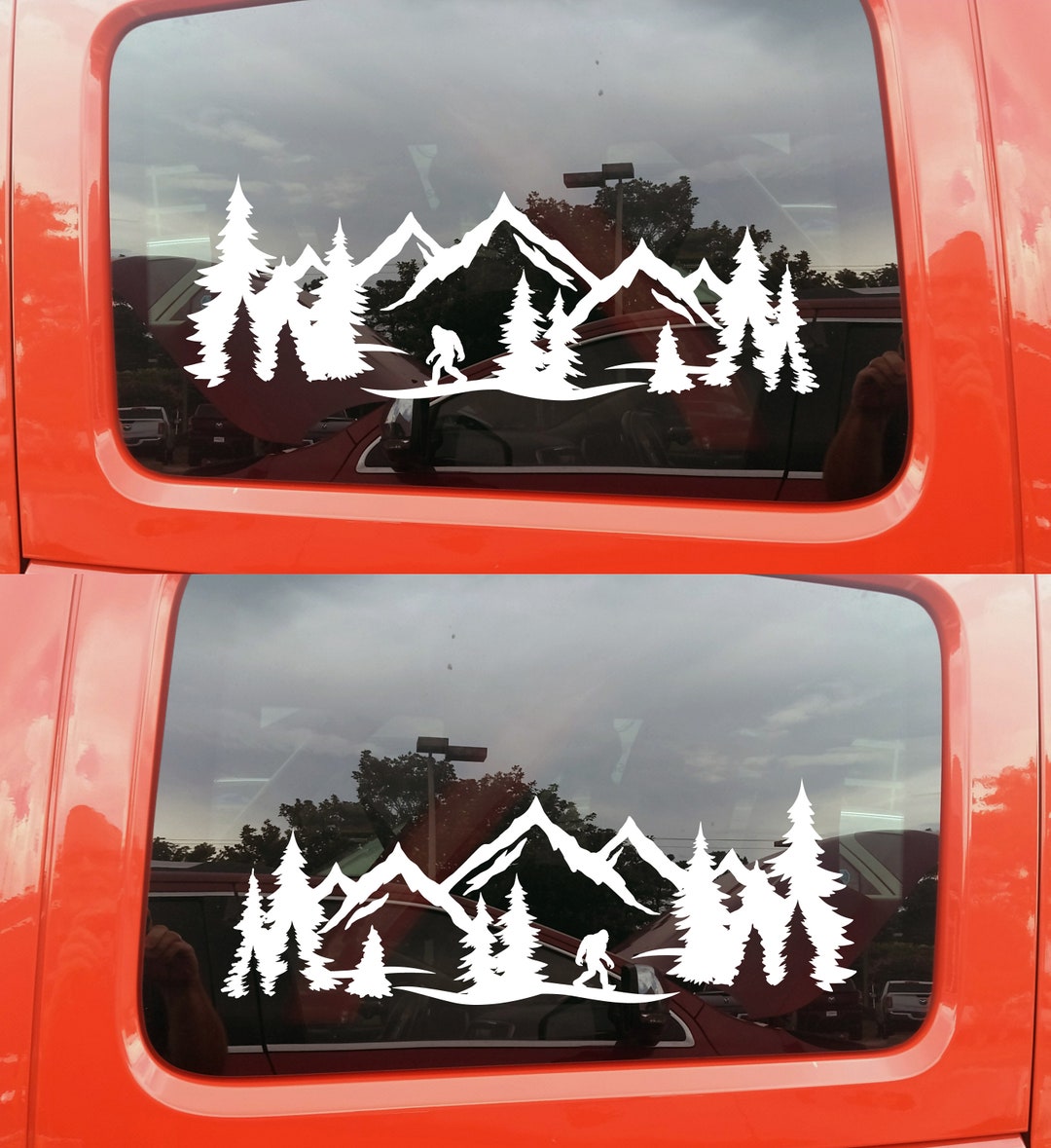 Pair Mirrored Bigfoot Mountain Scene V8 Vinyl Decals - Sasquatch RV ...