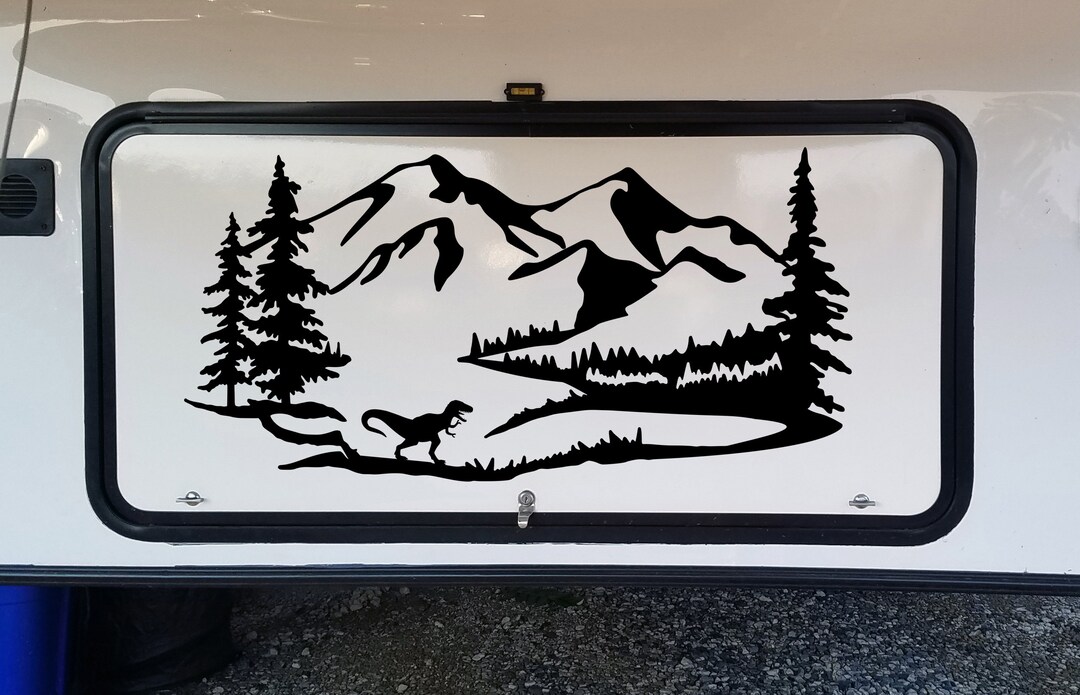 T-rex Mountains Scene Vinyl Decal V1 - Dinosaur RV Travel Trailer - Die ...