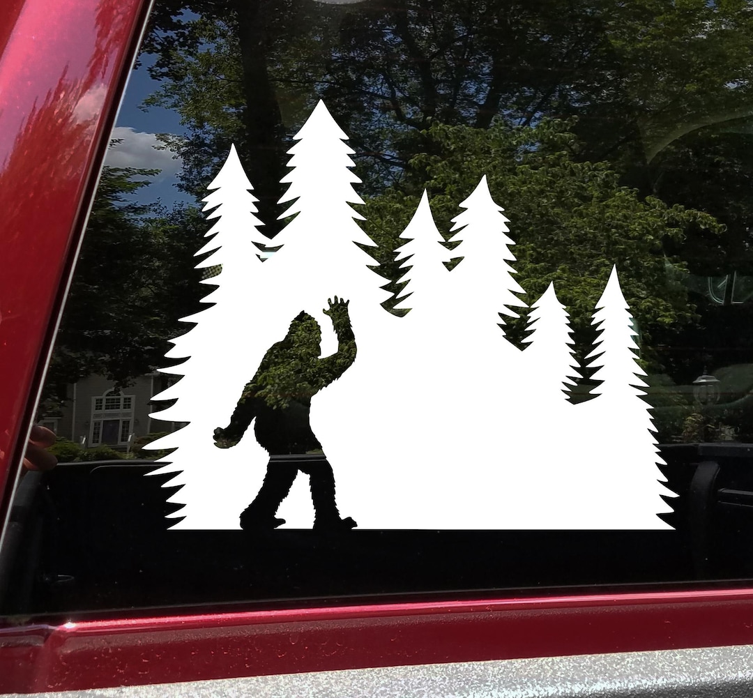 Bigfoot Waving Hello in Tree Line Vinyl Decal V3 | Sasquatch Pine Trees ...
