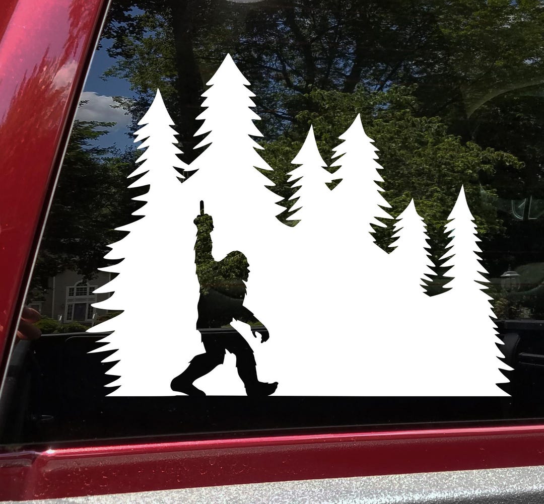 Bigfoot Middle Finger in Tree Line Vinyl Decal V3 | Sasquatch Pine ...