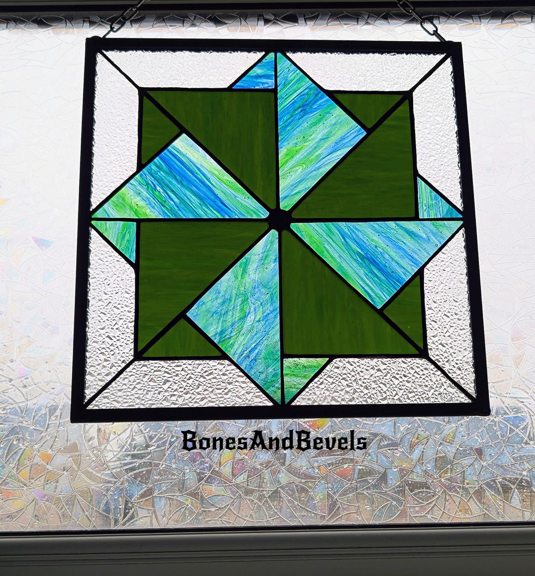 Green and Blue Swirled Stained Glass Pinwheel Suncatcher Window Panel ...