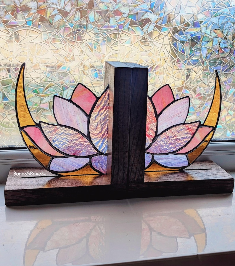 Lotus Crescent Moon Bookend Pattern Stained Glass Art - Etsy