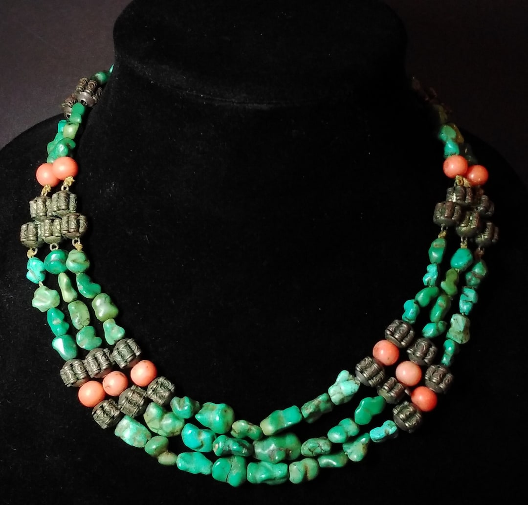 Antique Tibetan Chinese Turquoise and Coral Necklace With Silver ...