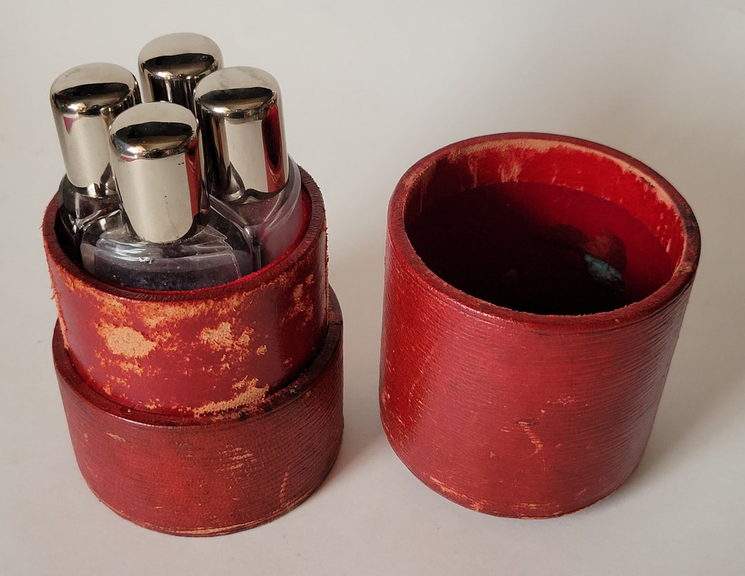 Antique Perfume Travel Set Leather Case With 4 Glass Stoppered Bottles ...