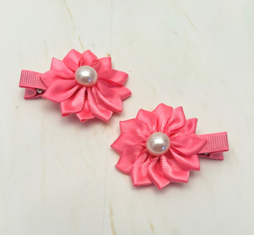 Pink Satin Flower Clips, Pink Flower Hair Clips, Set of 2 Flower Hair ...