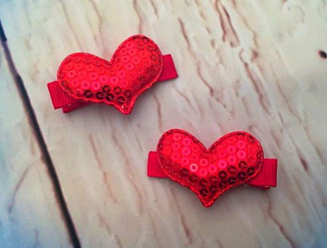 Set Of 2 Red Heart Hair Clips Red Sequin Heart Clips Valentine Heart