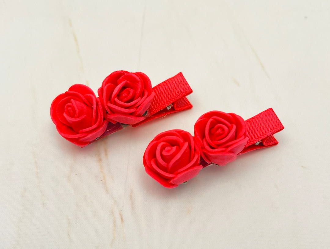 Red Rose Flower Clips, Red Flower Hair Clips, Rose Blossom Hair Clips ...