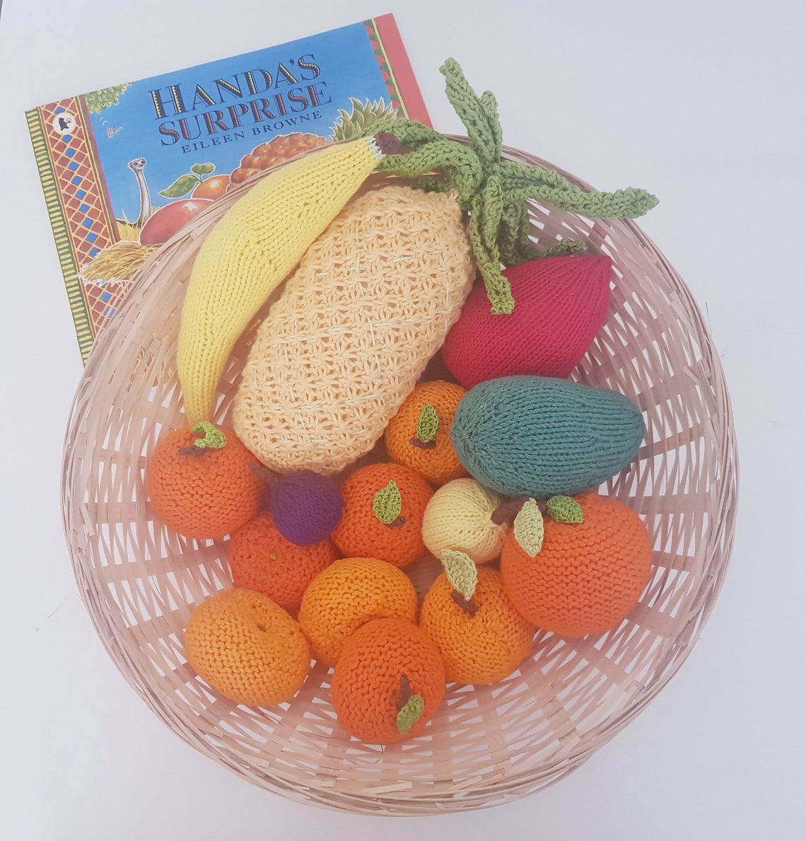 Hand Knitted Handa's Surprise Toy Fruit Set With Basket & Storybook ...