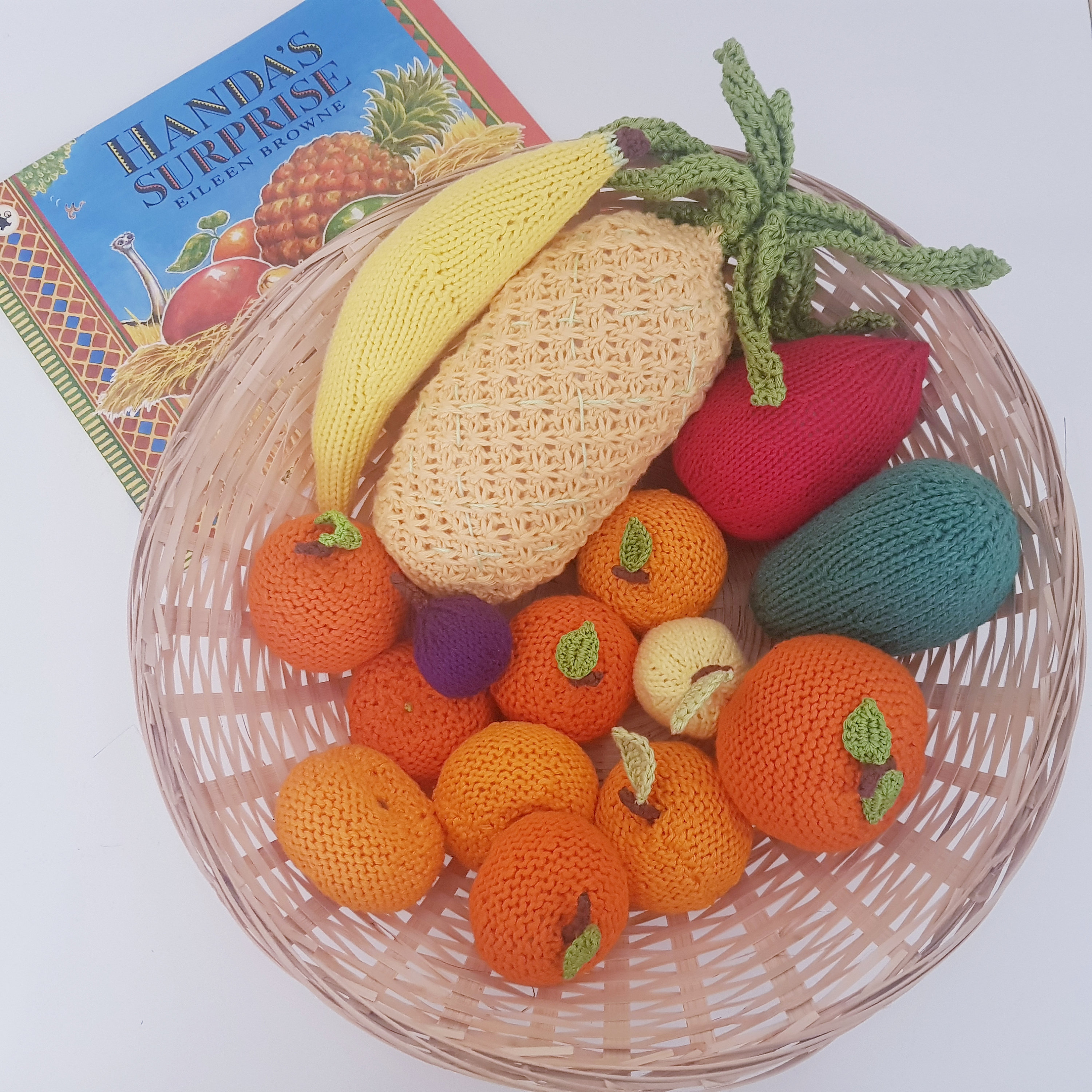 Hand Knitted Handa's Surprise Toy Fruit Set With Basket & Storybook ...