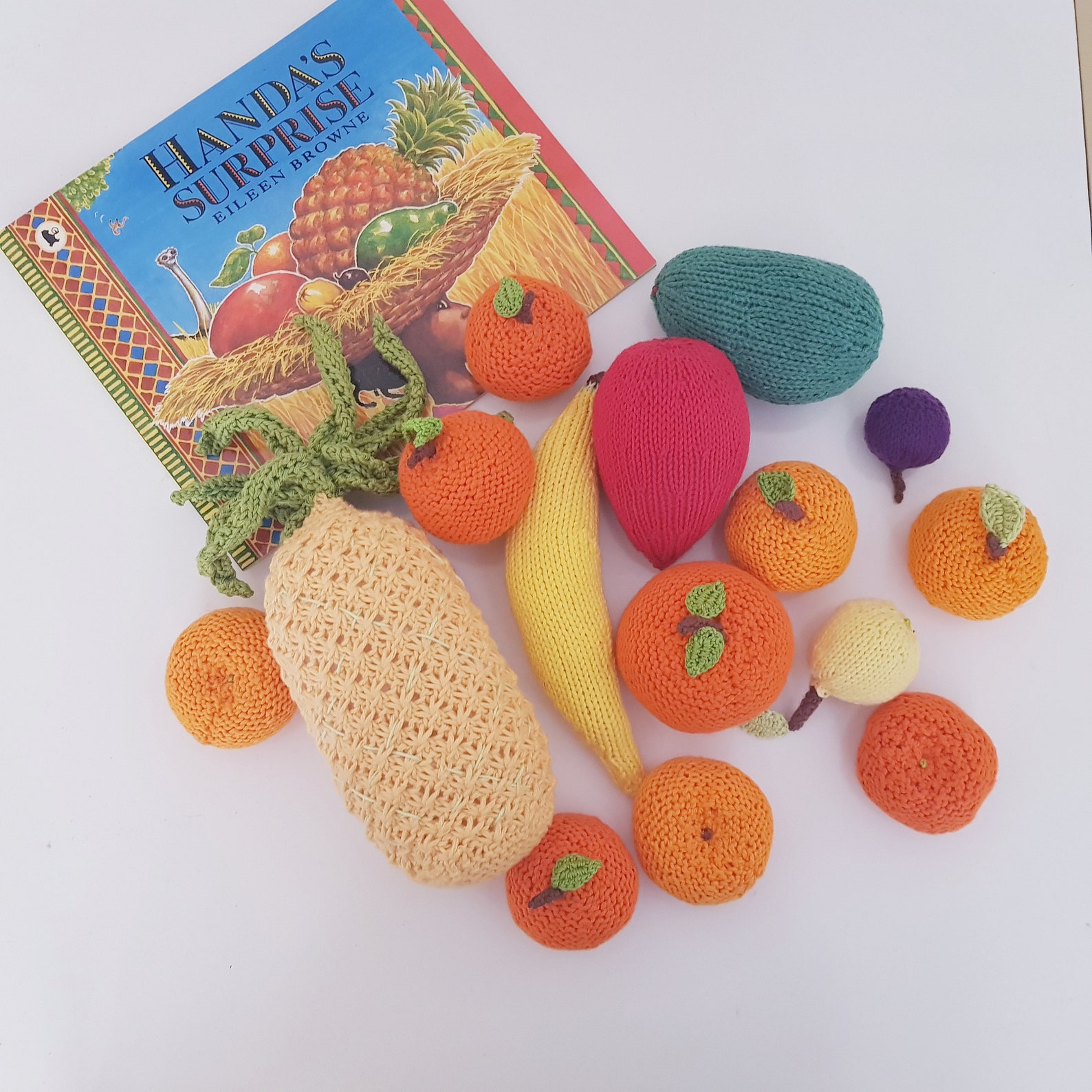 Hand Knitted Handa's Surprise Toy Fruit Set With Basket & Storybook ...