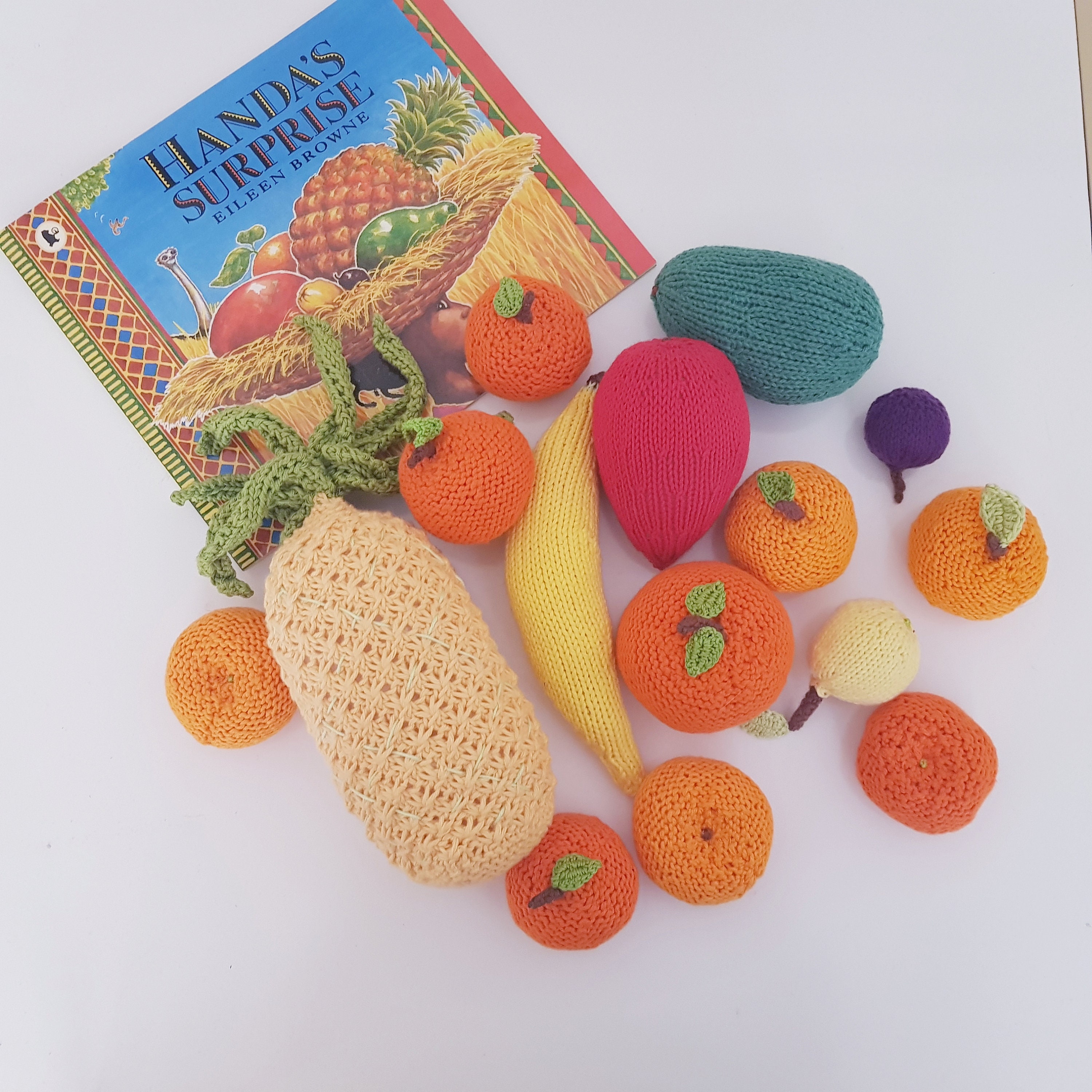 Hand Knitted Handa's Surprise Toy Fruit Set With Basket & Storybook ...