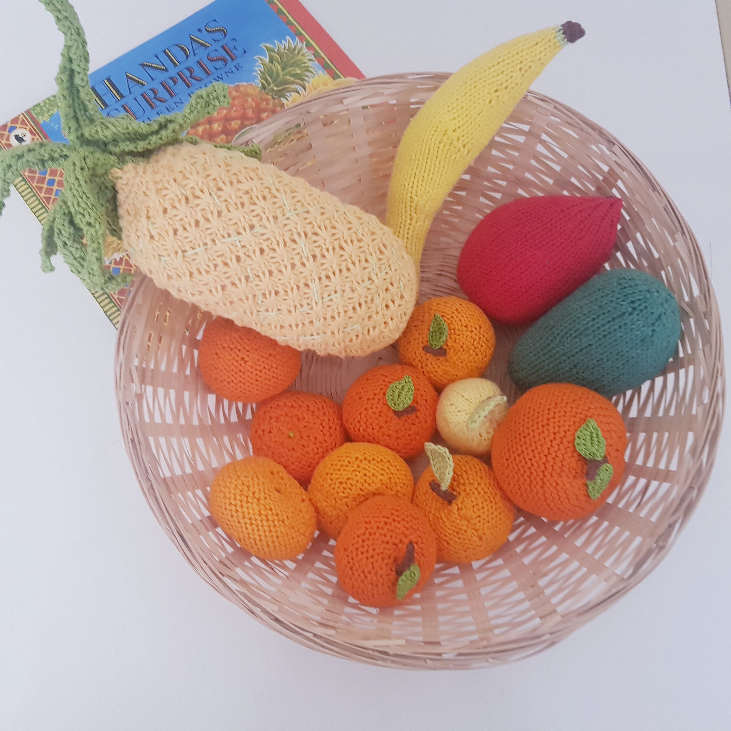 Hand Knitted Handa's Surprise Toy Fruit Set With Basket & Storybook ...