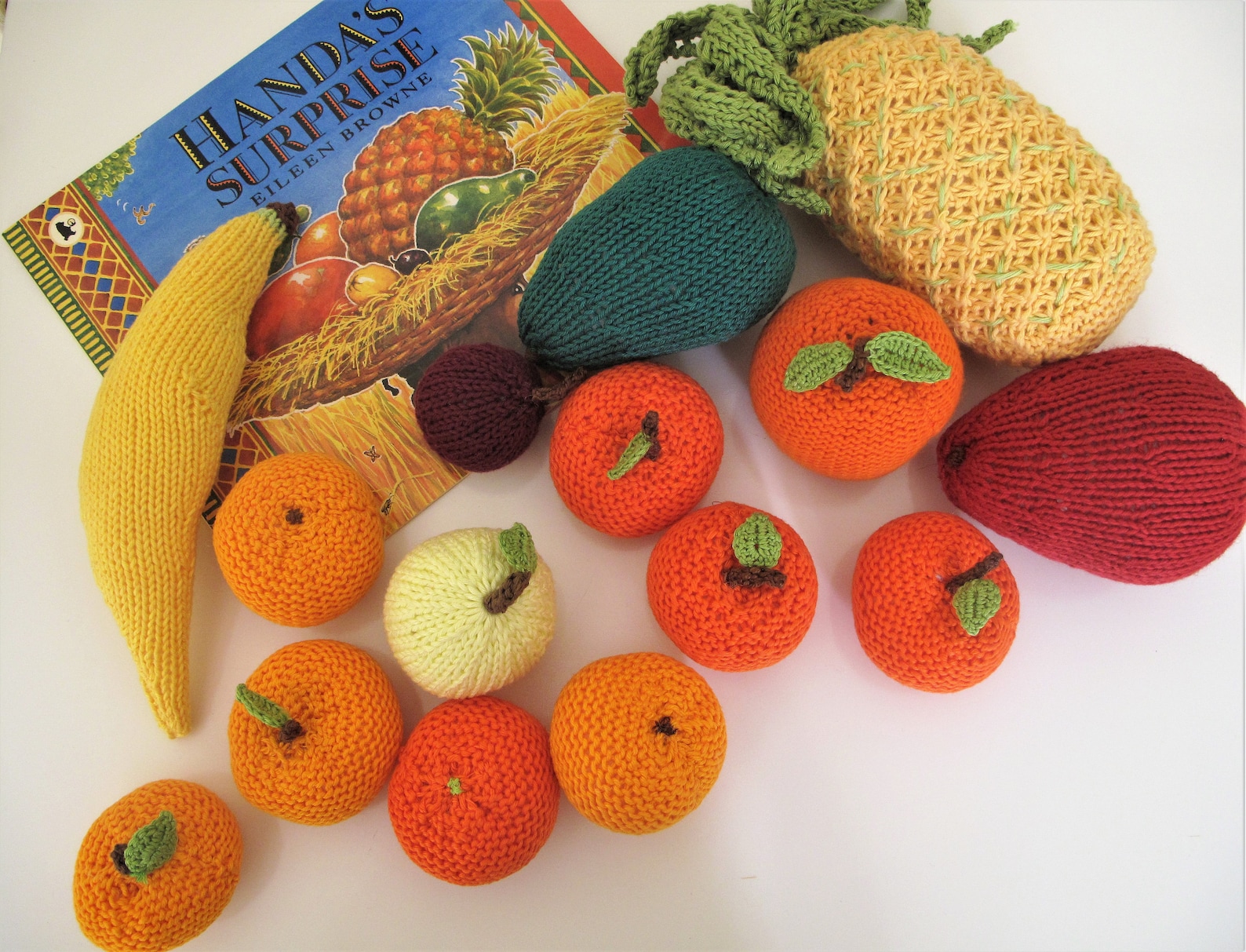 Hand knitted Handa's Surprise Toy Fruit Set with Basket & | Etsy