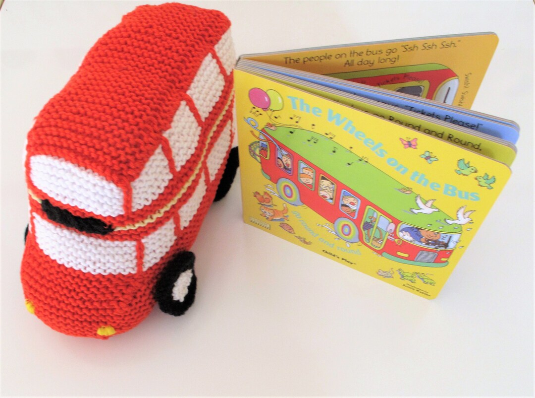 Hand Knit Cotton Red Bus Soft Toy With the Wheels on the Bus Hardback ...