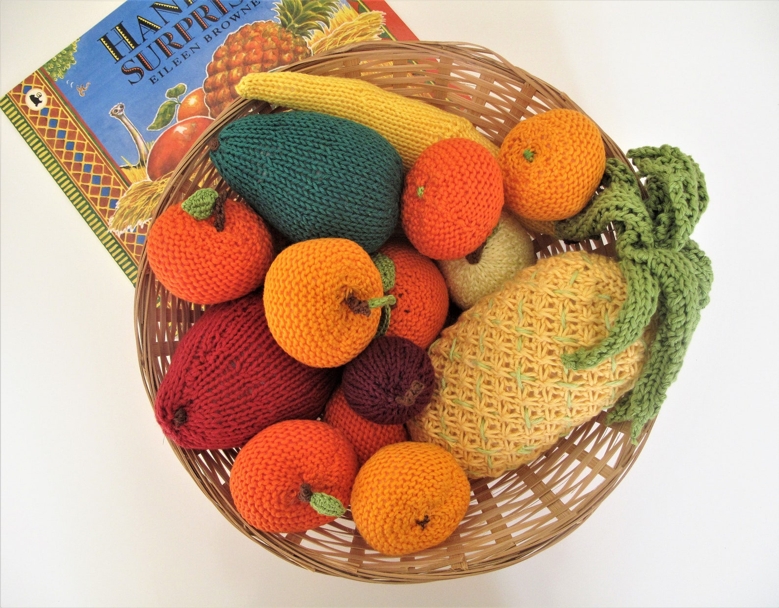 Hand knitted Handa's Surprise Toy Fruit Set with Basket & | Etsy