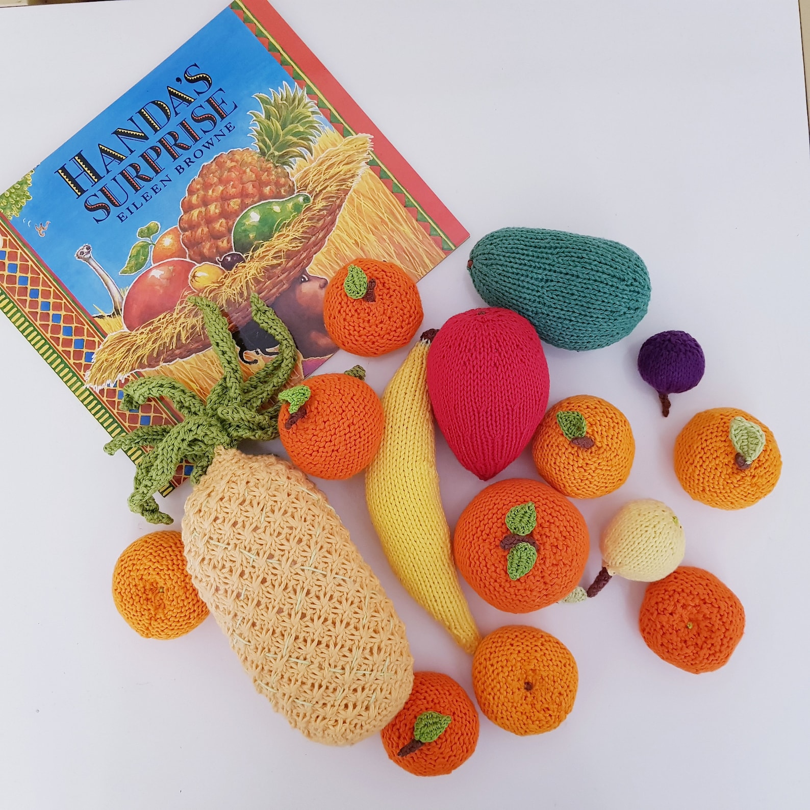 Hand Knitted Handa's Surprise Toy Fruit Set With Basket & Storybook ...