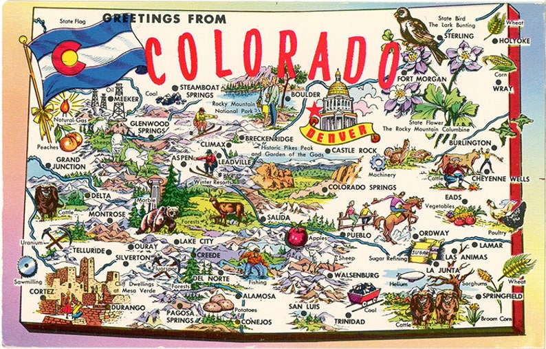 Colorado Centennial State Map Vintage Postcard unused - Etsy