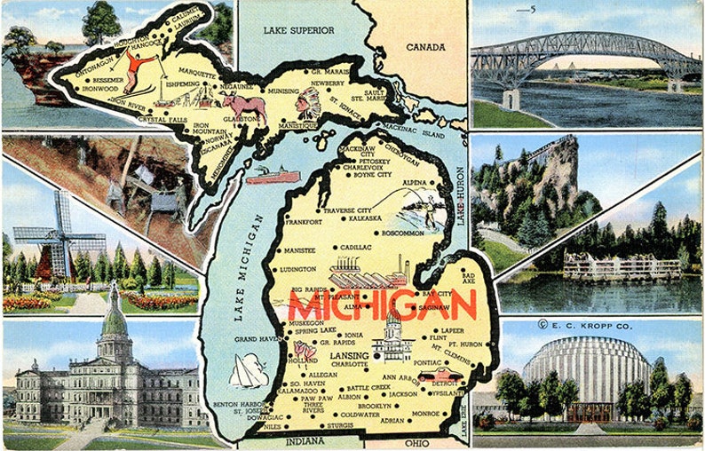 Michigan State Map Vintage Postcard Multi-view Scenic 1950 - Etsy