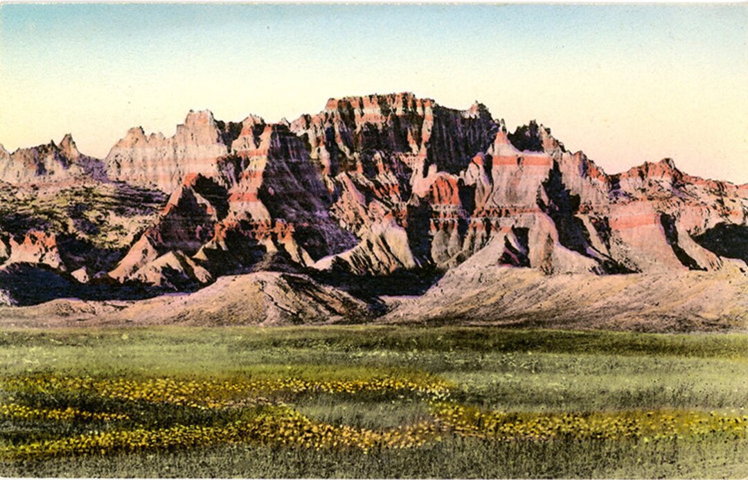Badlands Ancient Architecture South Dakota Vintage Hand Colored ...