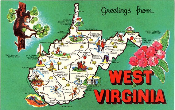 West Virginia Mountain State Map Vintage Postcard | Etsy