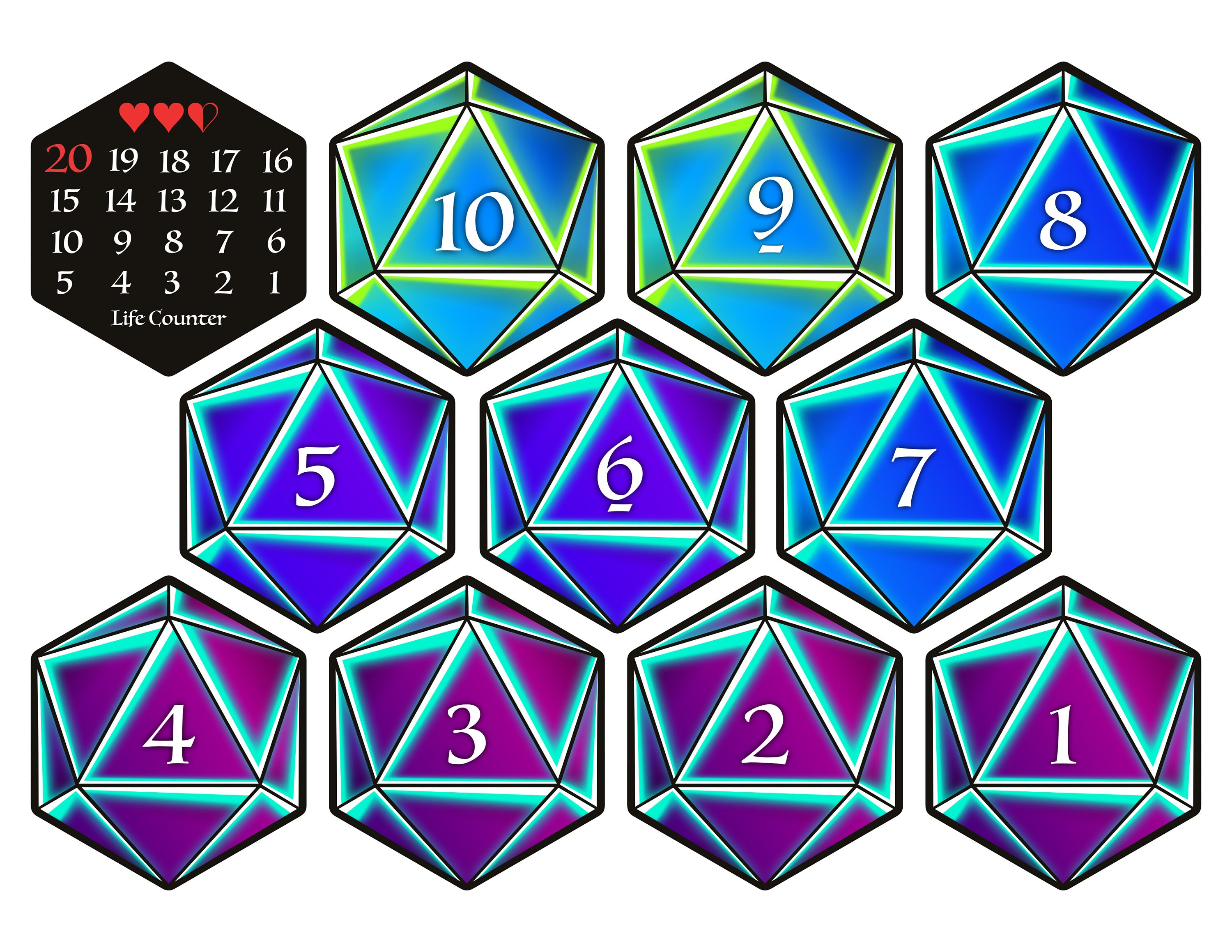 20 Sided Dice Cards, Print and Play Full Design, D&D Dice Set, Dungeons ...