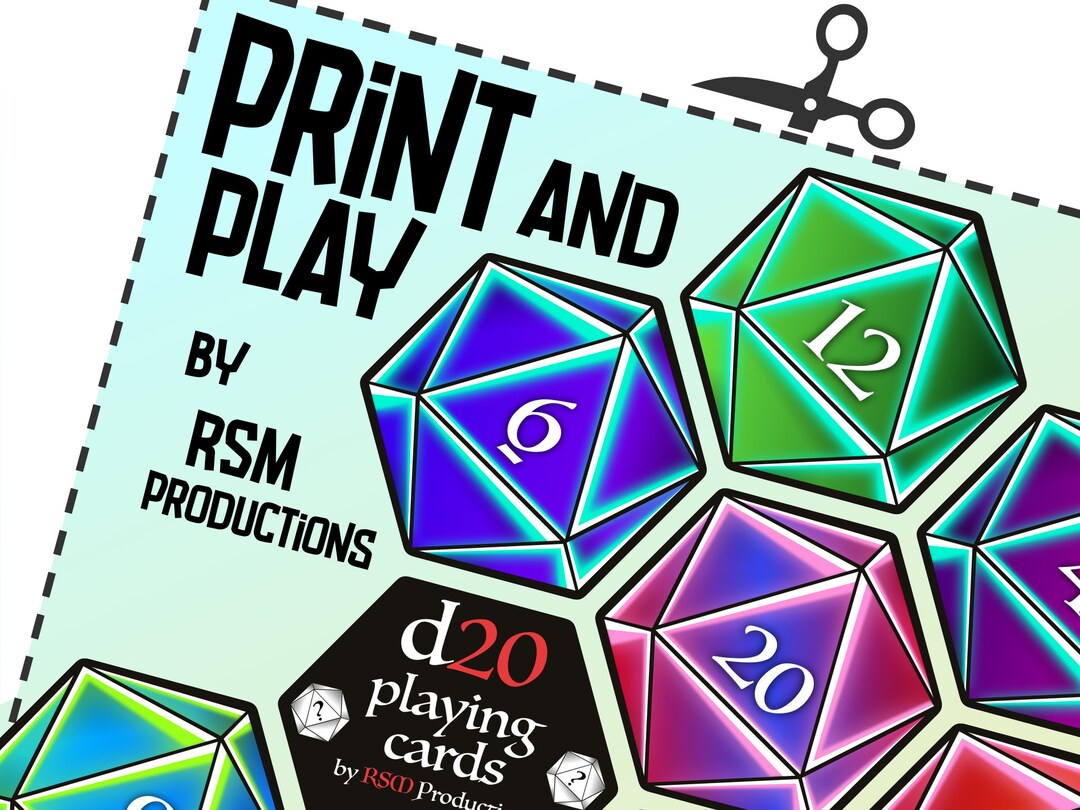 20 Sided Dice Cards, Print and Play Full Design, D&D Dice Set, Dungeons ...