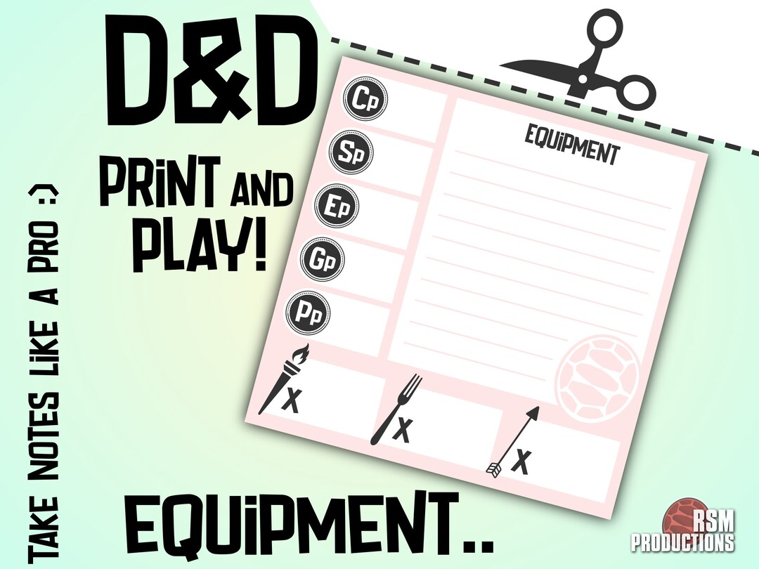 D&D Equipment Print and Play Dungeon and Dragons Notes, Dungeon Master ...