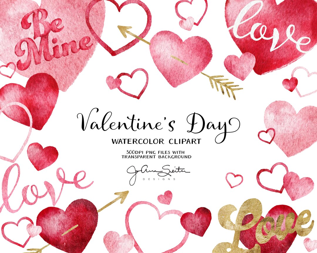 Valentine's Day Watercolor Clip Art, Pink and Red Watercolor Heart Clip ...