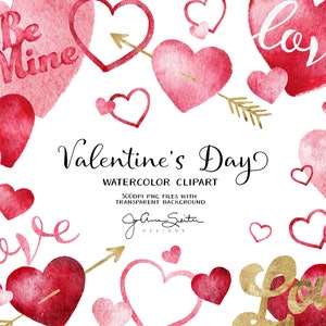 Valentine's Day Watercolor Clip Art, Pink and Red Watercolor Heart Clip ...