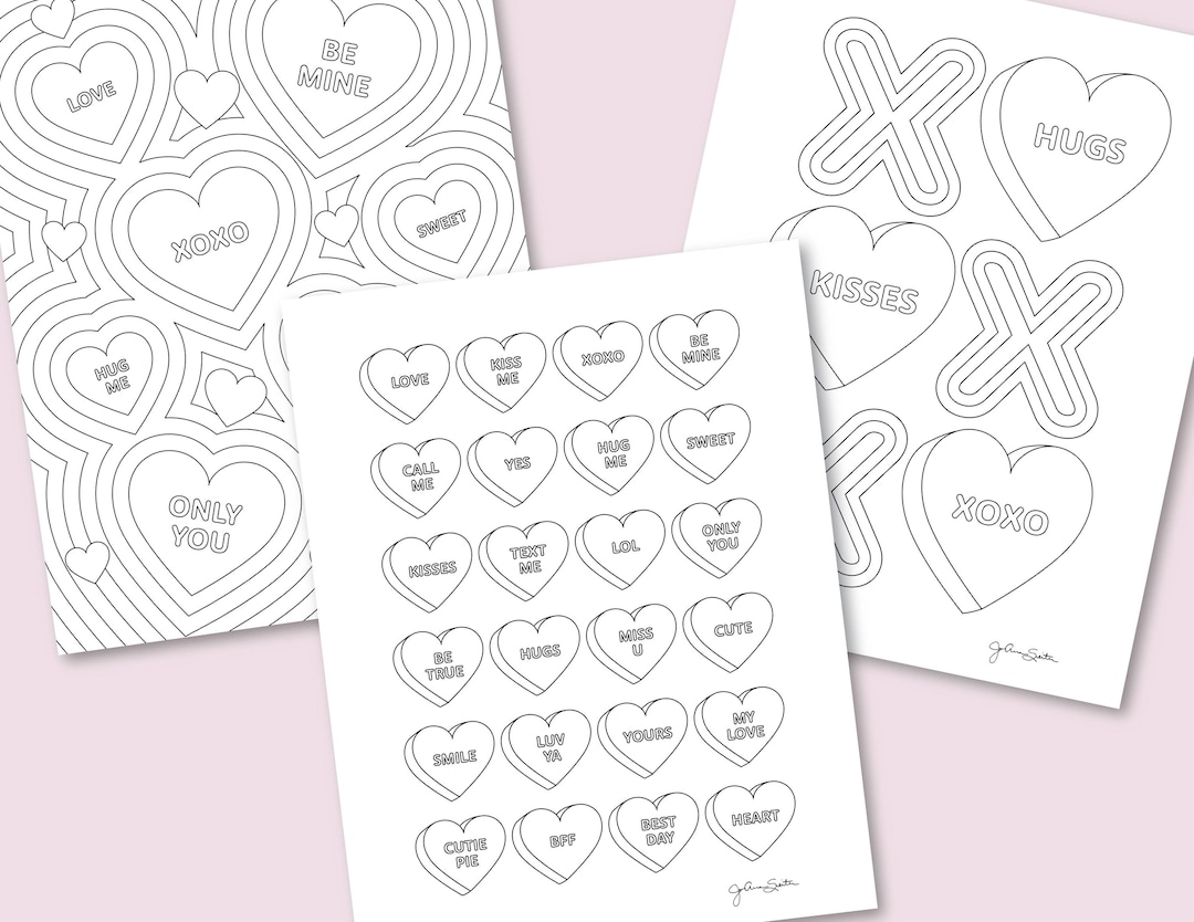 Valentine's Day Candy Heart Coloring Pages, Set of 3 Printable Coloring ...