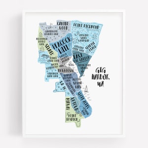 Watercolor City Map Print of Gig Harbor WA, Hand Drawn Illustrated Map ...