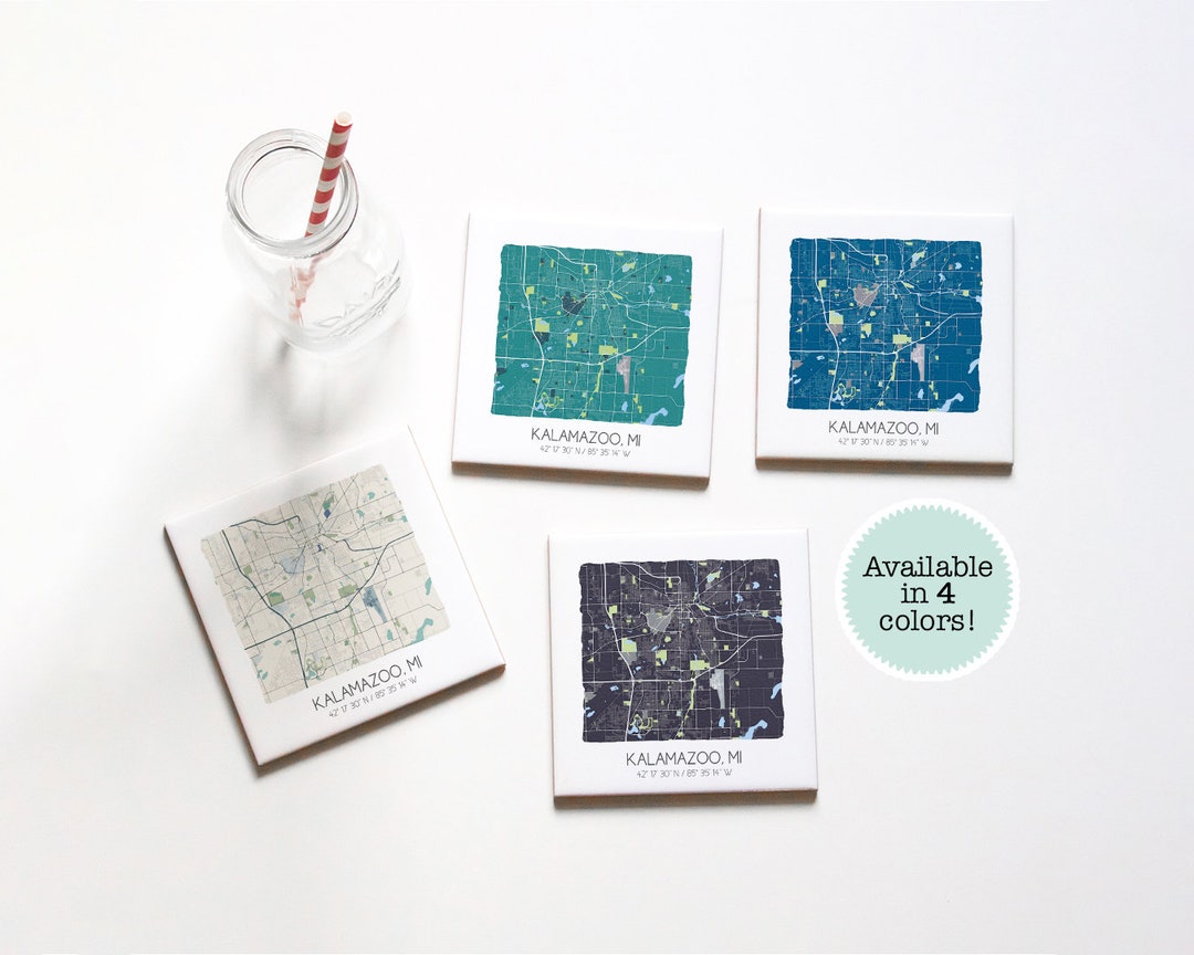 Kalamazoo MI Map Coasters, City Map Michigan Coasters, Watercolor Map ...